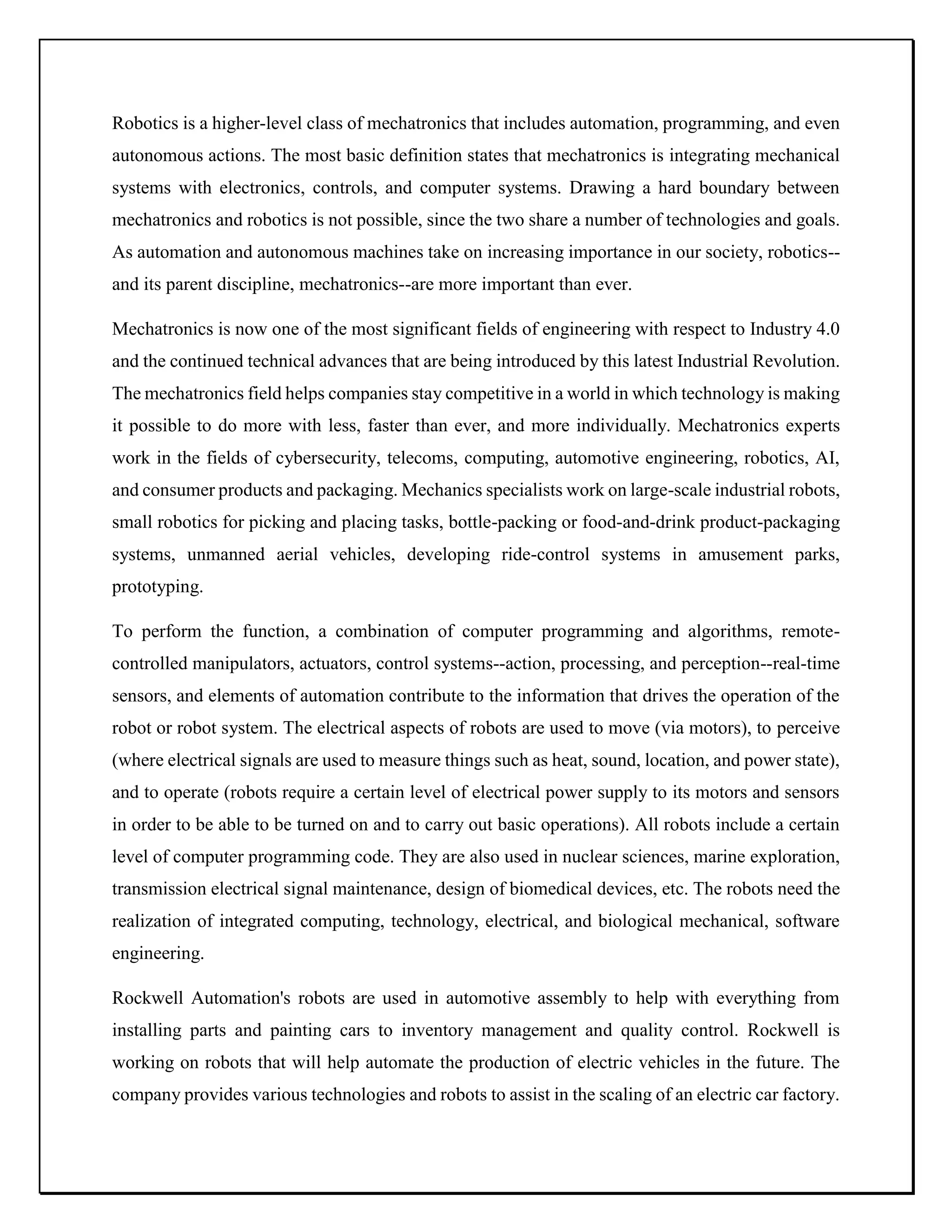 Importance of Robots in Mechatronics | DOCX