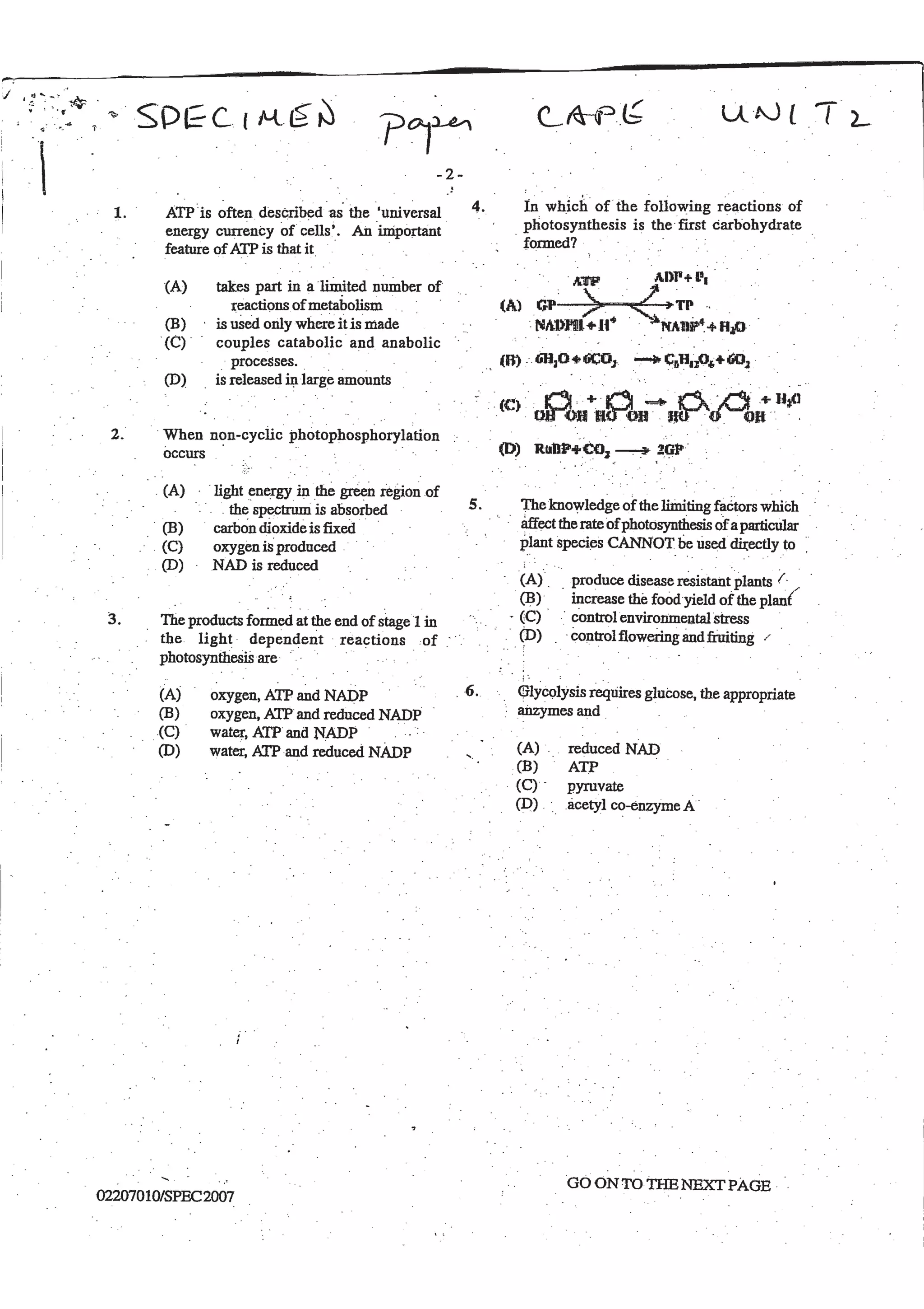 CAPE Biology- unit 2 paper 1 (Specimen) | PDF