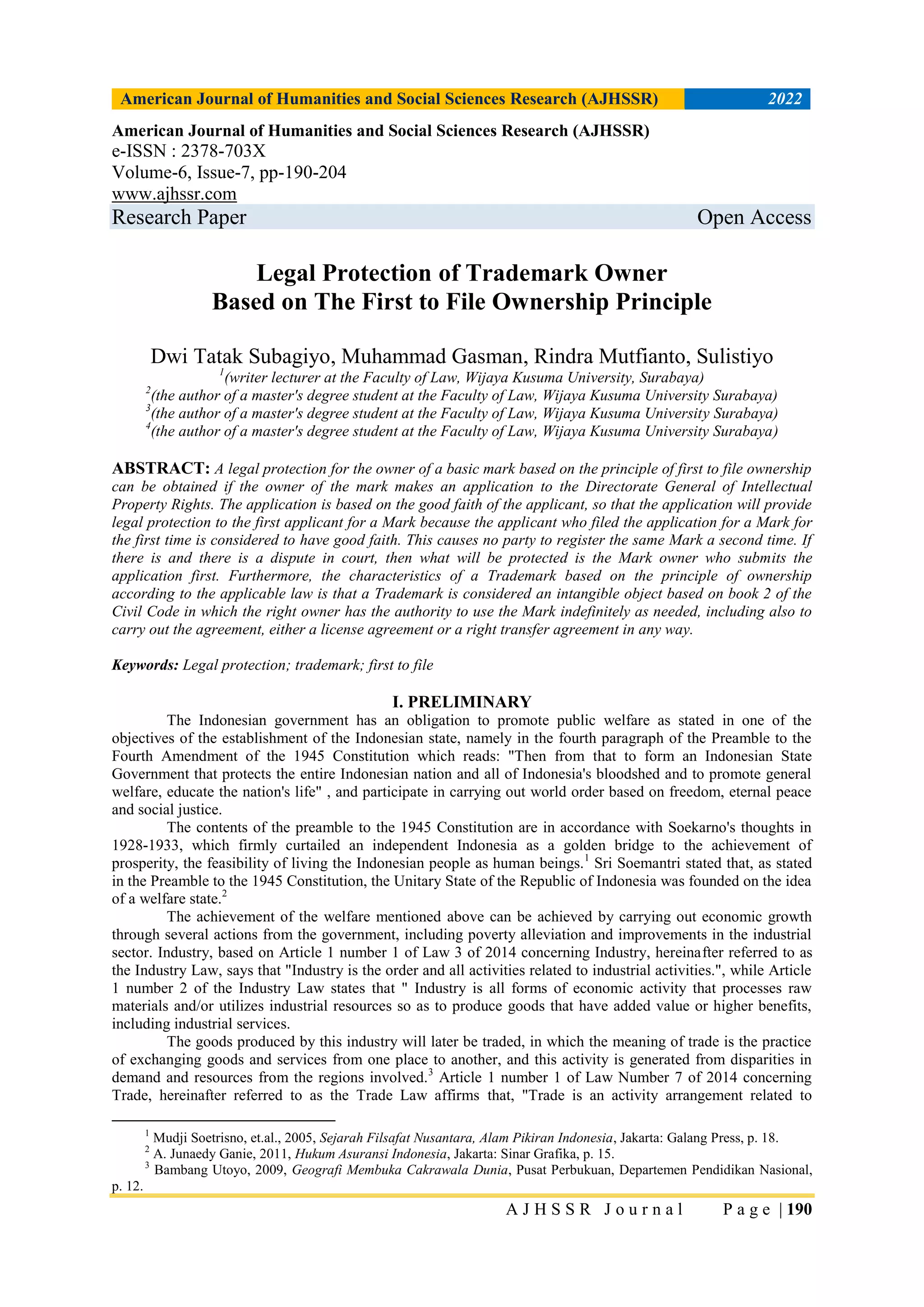 Legal Protection of Trademark Owner Based on The First to File ...