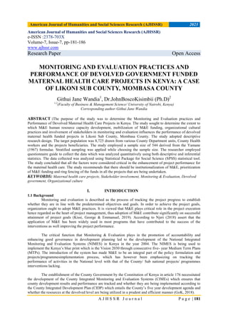 MONITORING AND EVALUATION PRACTICES AND PERFORMANCE OF DEVOLVED GOVERNMENT FUNDED MATERNAL ...