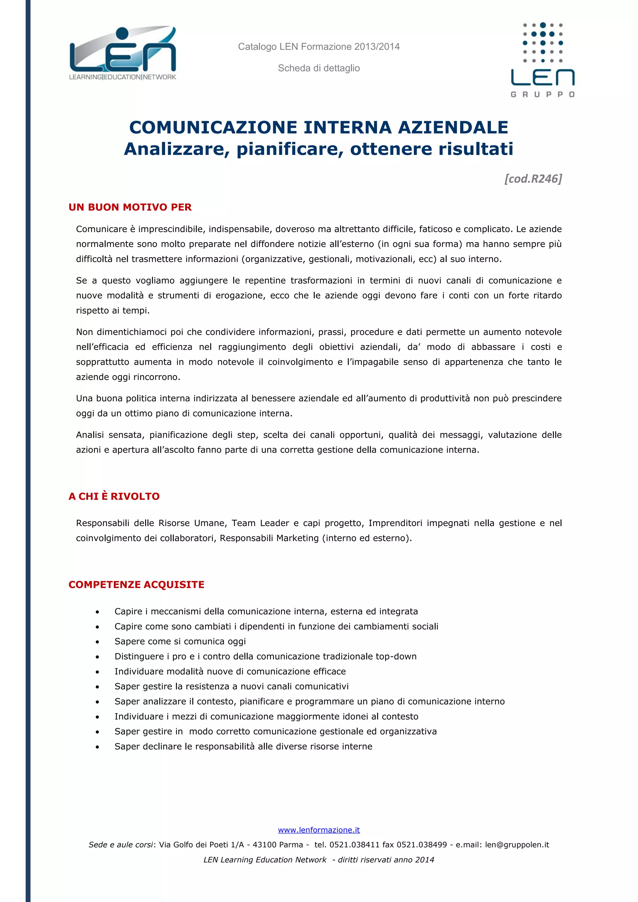 Comunicazione interna aziendale - scheda corso [R246] | PDF