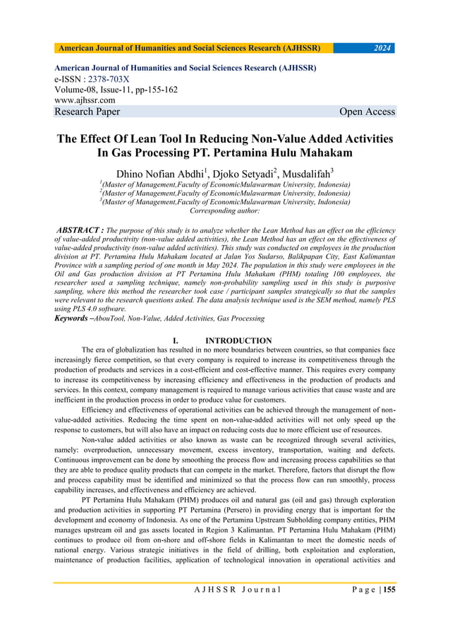 The Effect Of Lean Tool In Reducing Non-Value Added Activities In Gas Processing PT. Pertamina ...