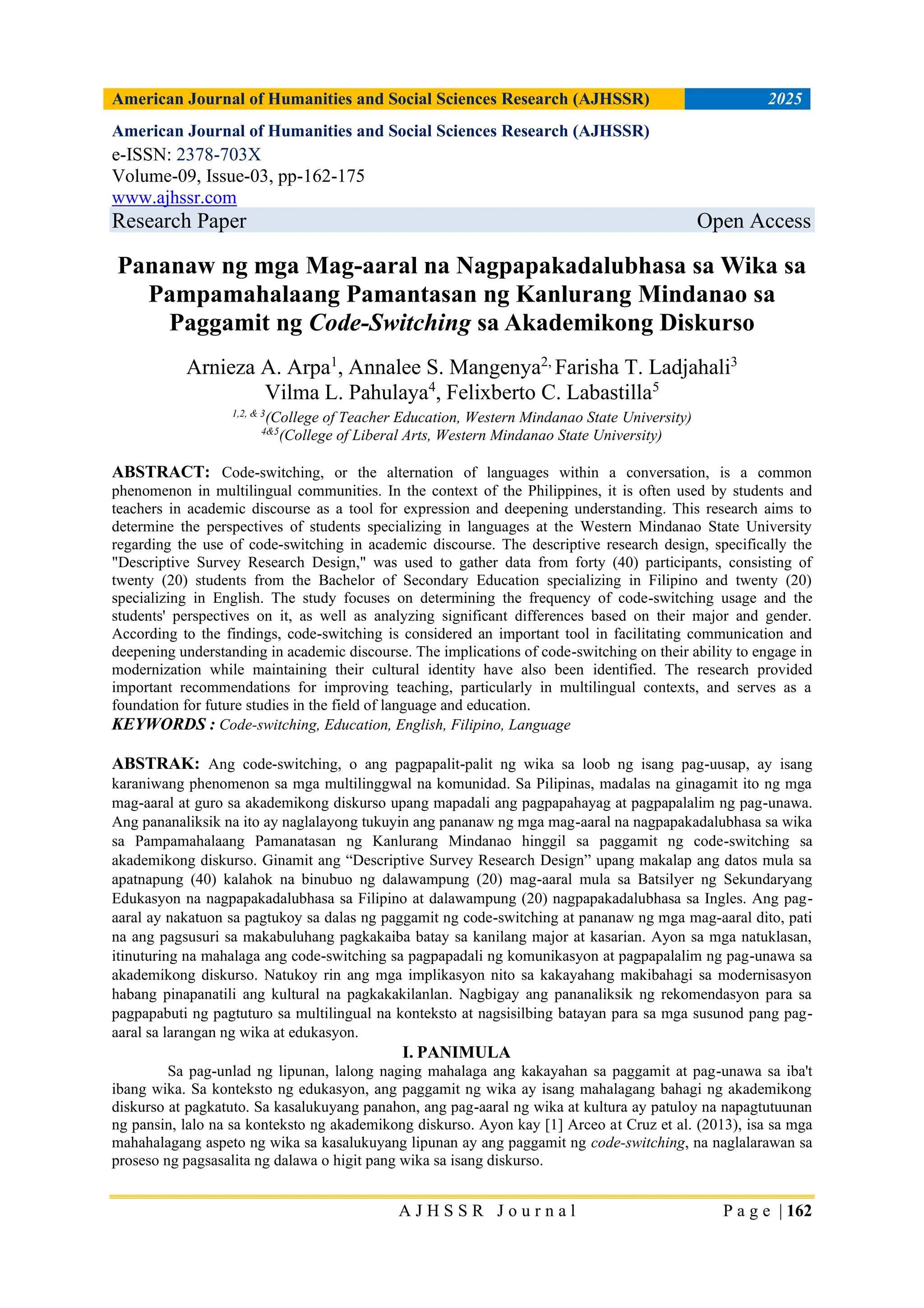 Pananaw ng mga Mag-aaral na Nagpapakadalubhasa sa Wika sa Pampamahalaang Pamantasan ng Kanlurang ...