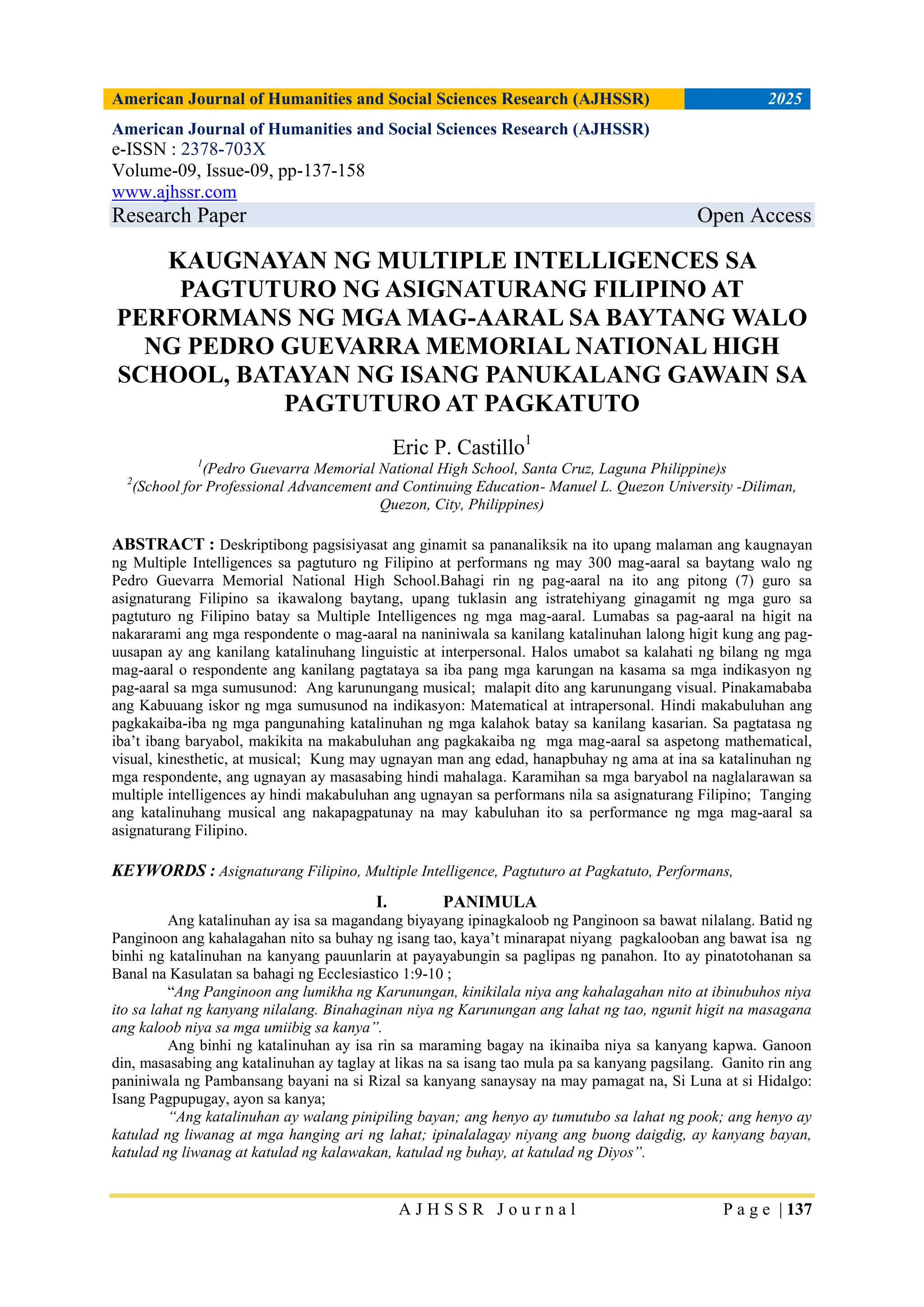 KAUGNAYAN NG MULTIPLE INTELLIGENCES SA PAGTUTURO NG ASIGNATURANG ...