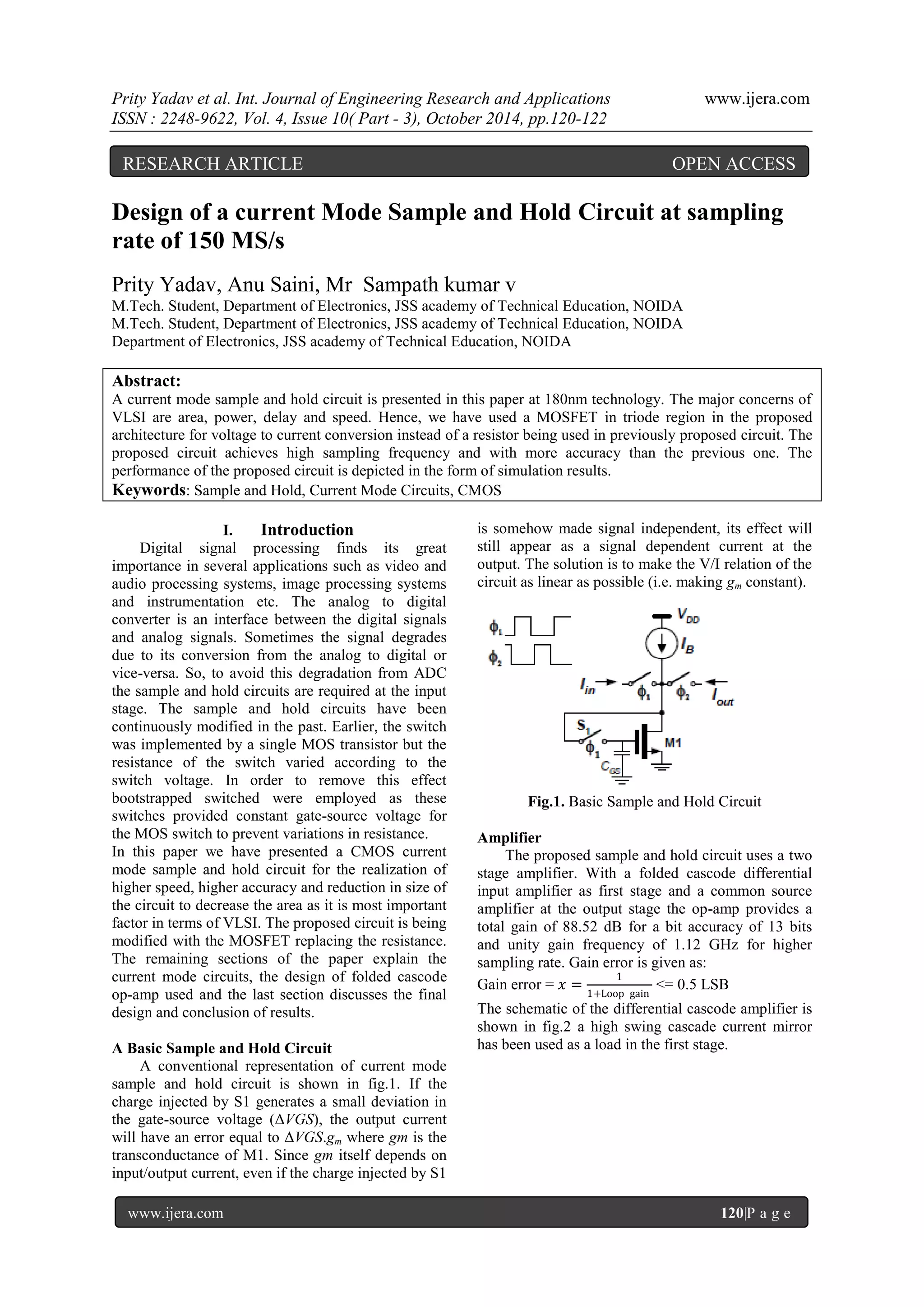 Design of a current Mode Sample and Hold Circuit at sampling rate of ...