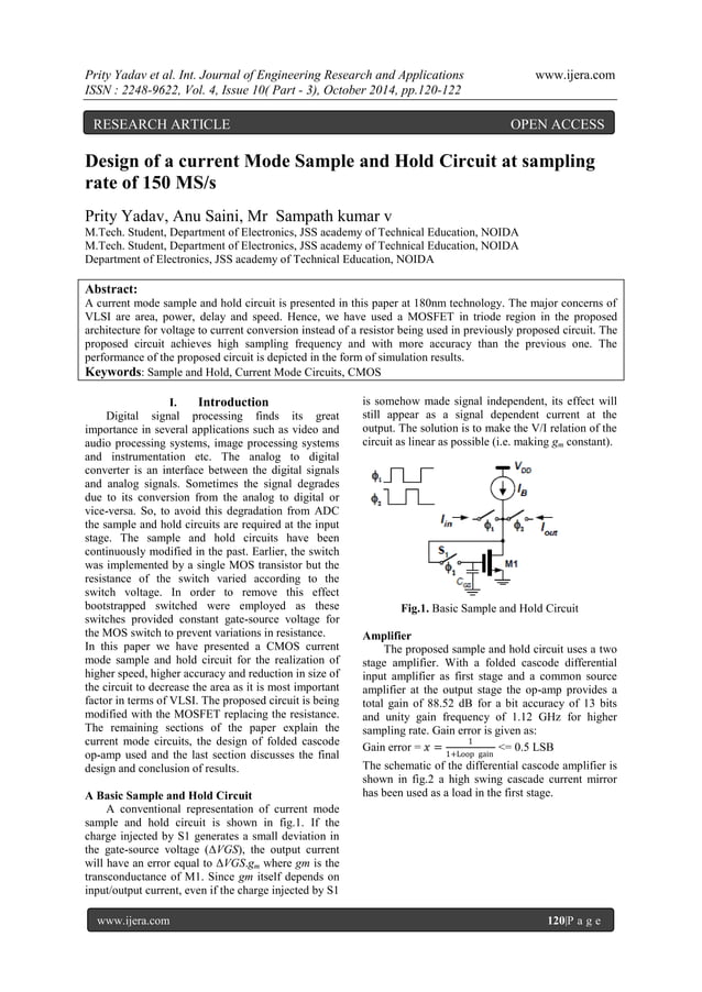 Design of a current Mode Sample and Hold Circuit at sampling rate of 150 MS/s | PDF