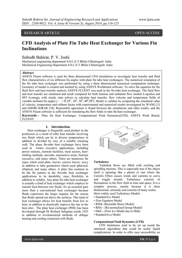 CFD Analysis of Plate Fin Tube Heat Exchanger for Various Fin Inclinations | PDF | Physics | Science