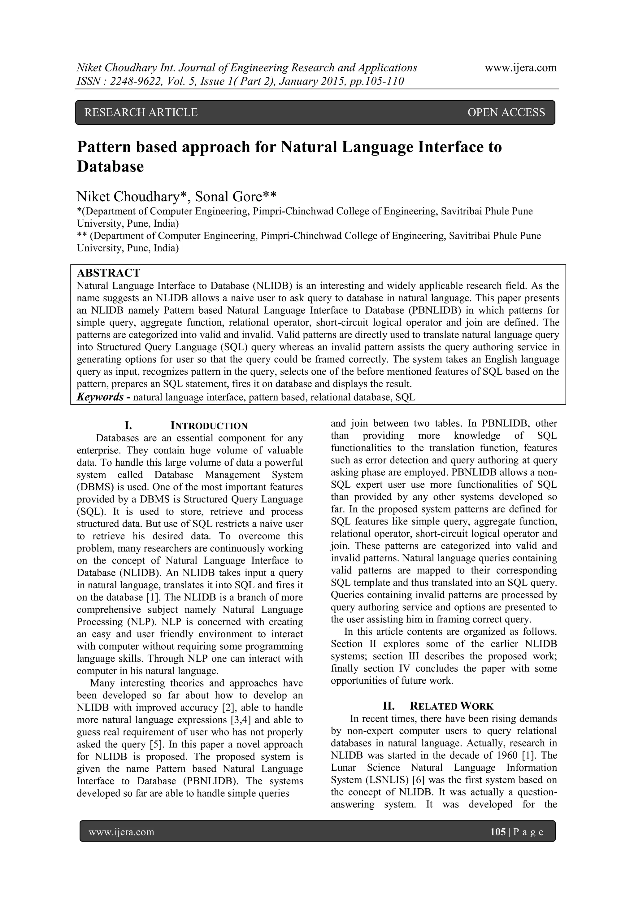 Pattern based approach for Natural Language Interface to Database | PDF