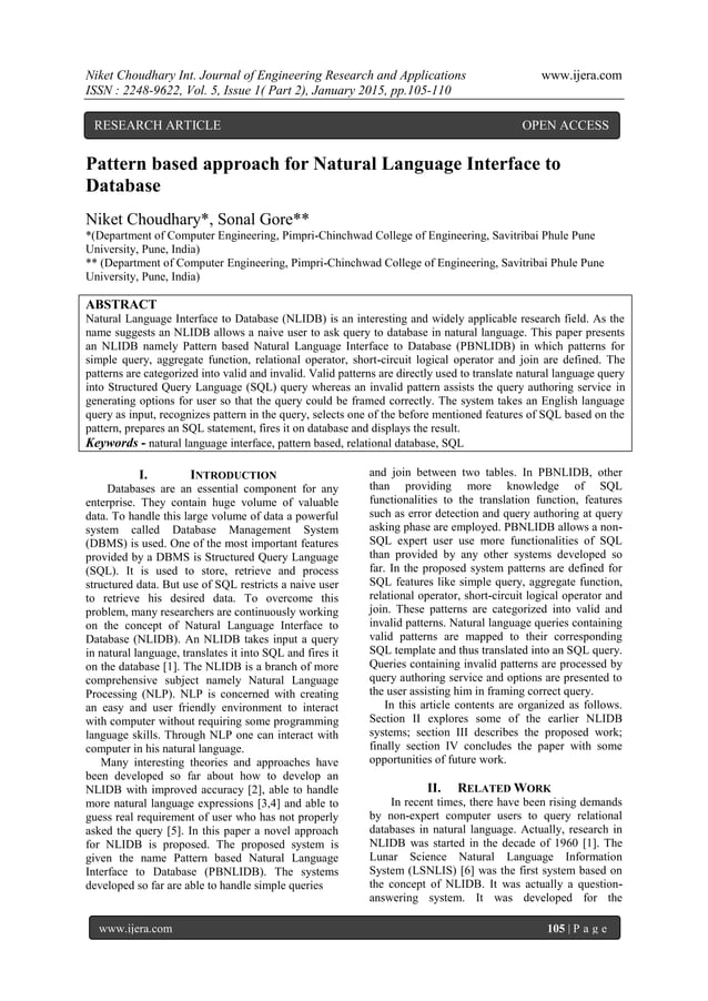 Pattern based approach for Natural Language Interface to Database | PDF