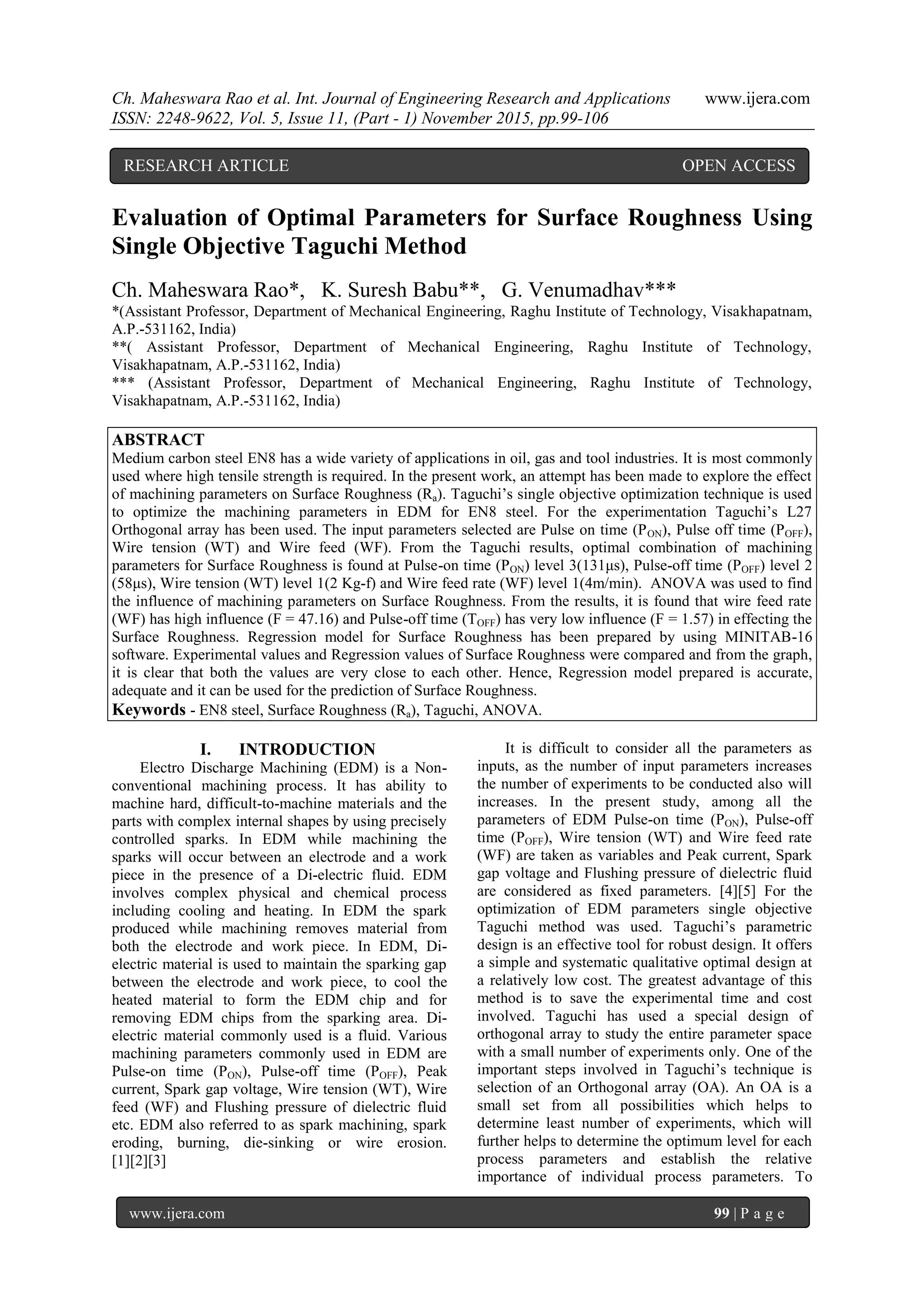 Evaluation Of Optimal Parameters For Surface Roughness Using Single Objective Taguchi Method Pdf