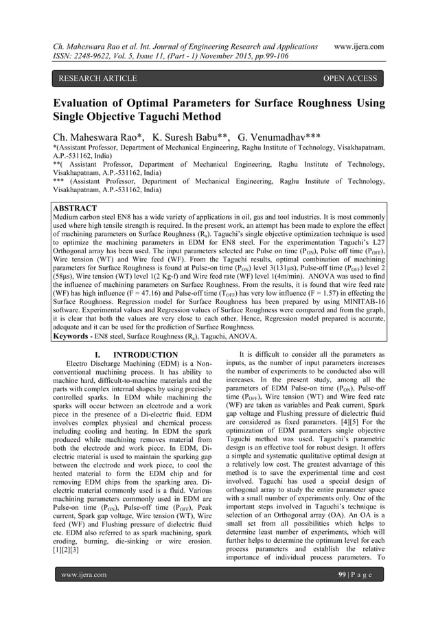 Evaluation Of Optimal Parameters For Surface Roughness Using Single