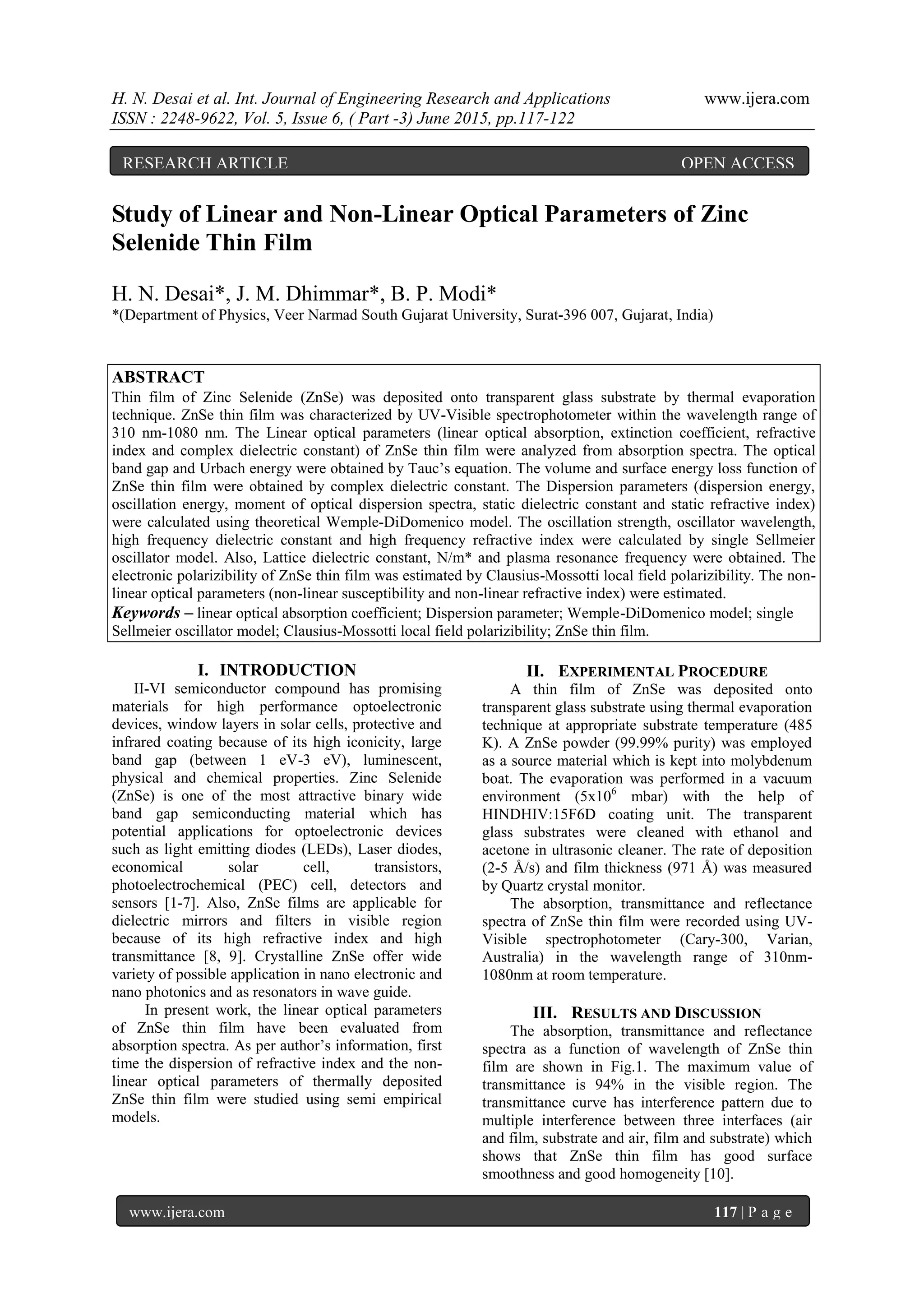 Study of Linear and Non-Linear Optical Parameters of Zinc Selenide Thin ...