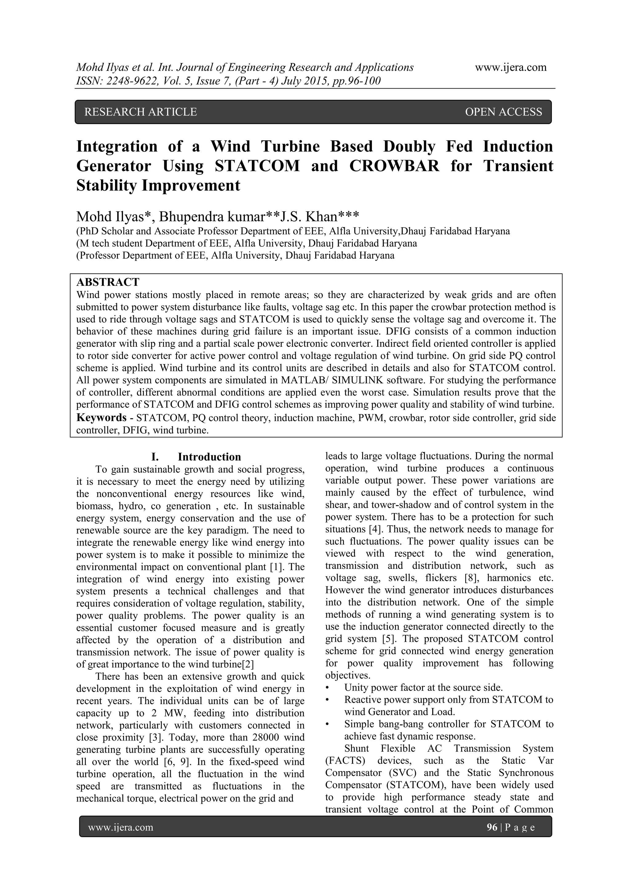 Integration Of A Wind Turbine Based Doubly Fed Induction Generator