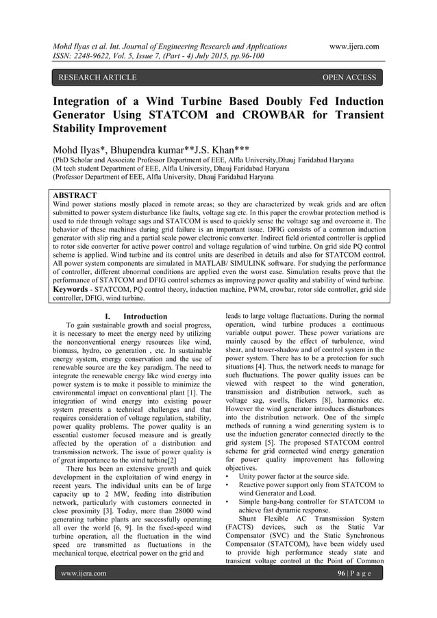 Integration Of A Wind Turbine Based Doubly Fed Induction Generator Using Statcom And Crowbar For