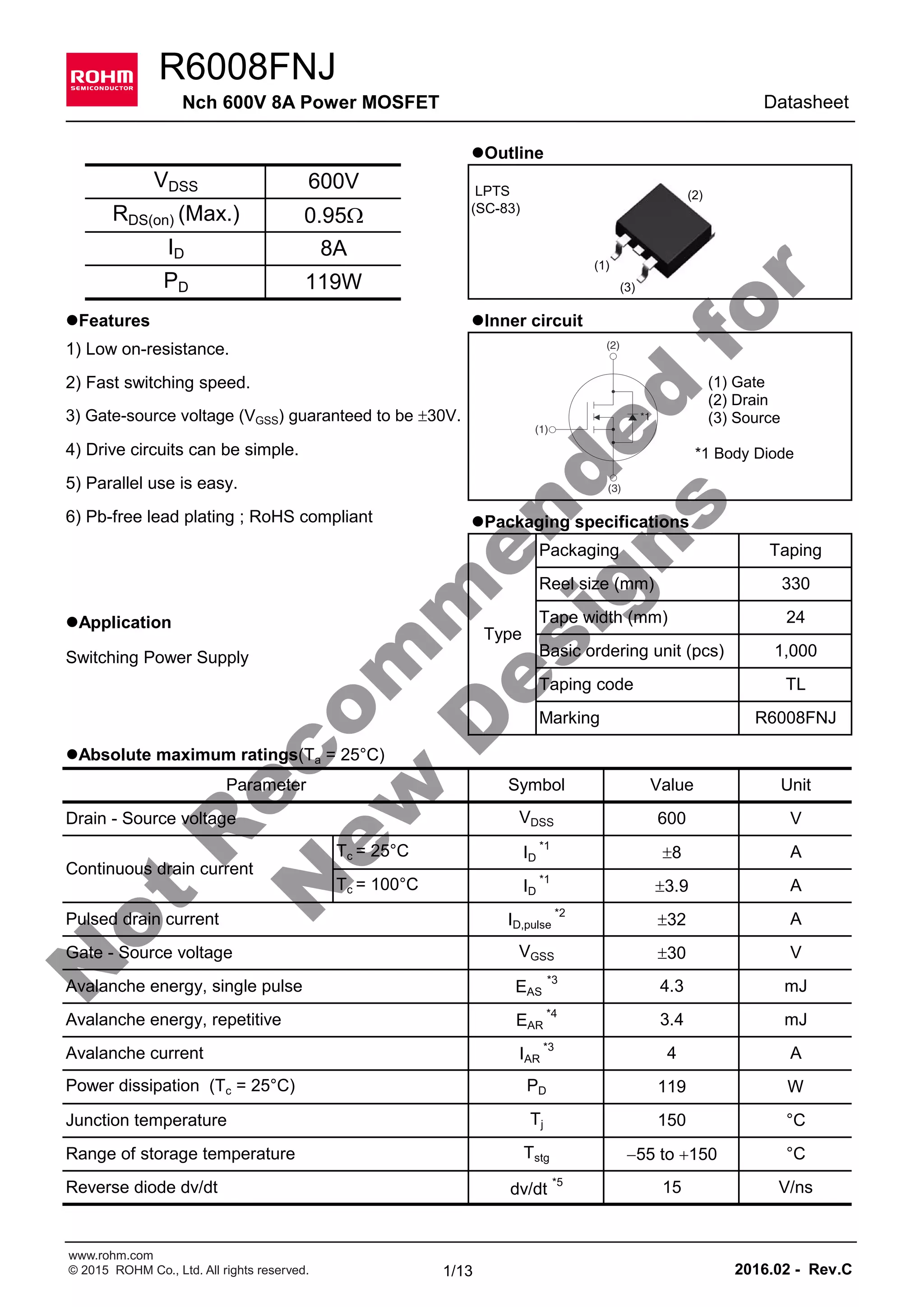 Original N-Channel R6008FNJ 6008 600V 8A TO-263 New Rohm Semiconductor ...