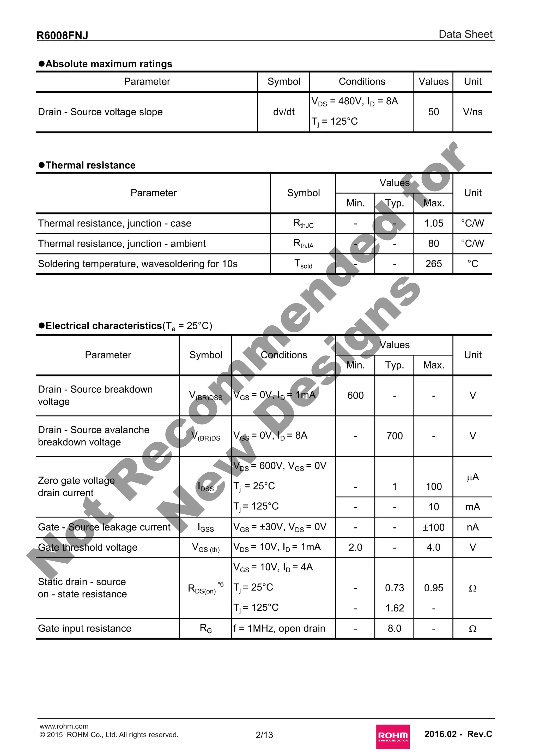 Original N-Channel R6008FNJ 6008 600V 8A TO-263 New Rohm Semiconductor | PDF