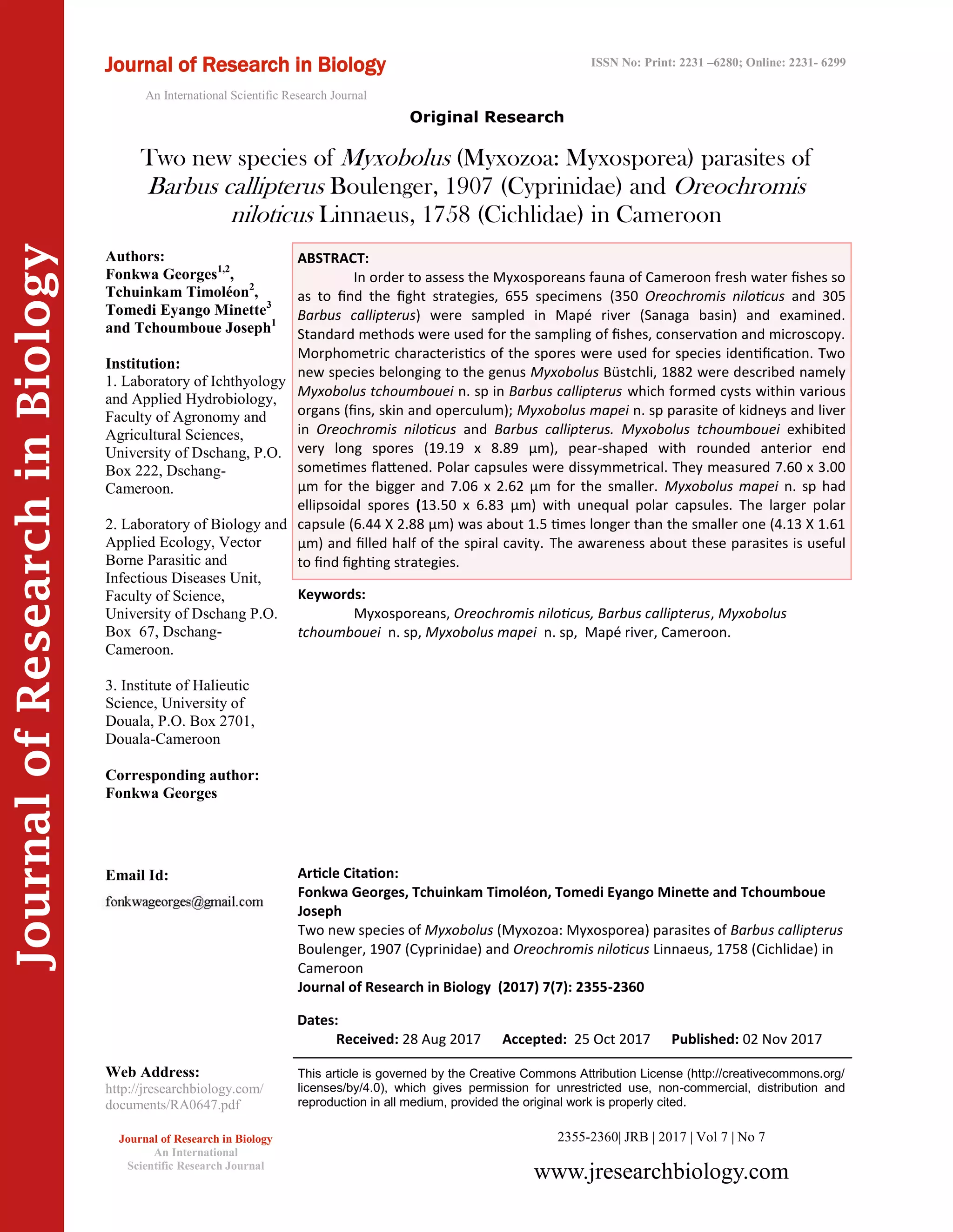 Two new species of Myxobolus (Myxozoa: Myxosporea) parasites of Barbus ...