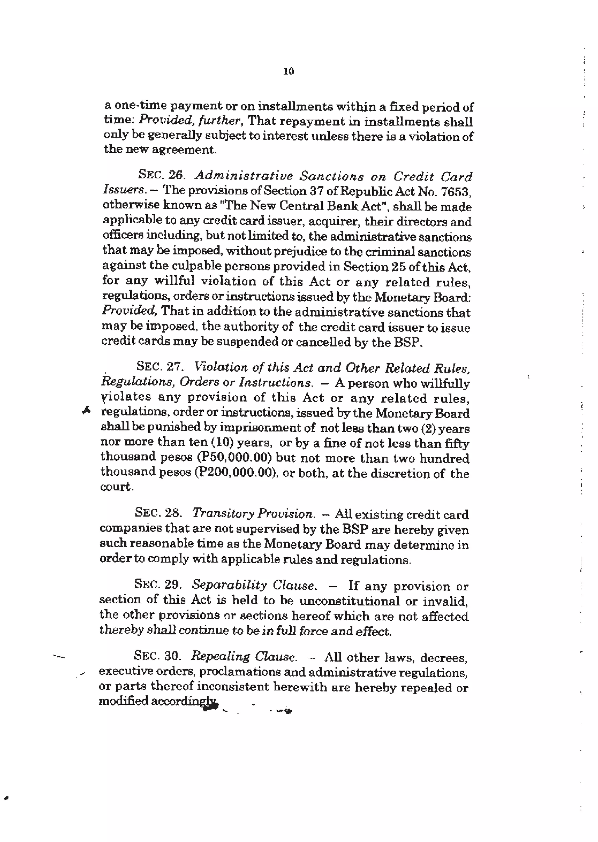 RA 10870 Philippine Credit Card Industry Regulation Law | PDF