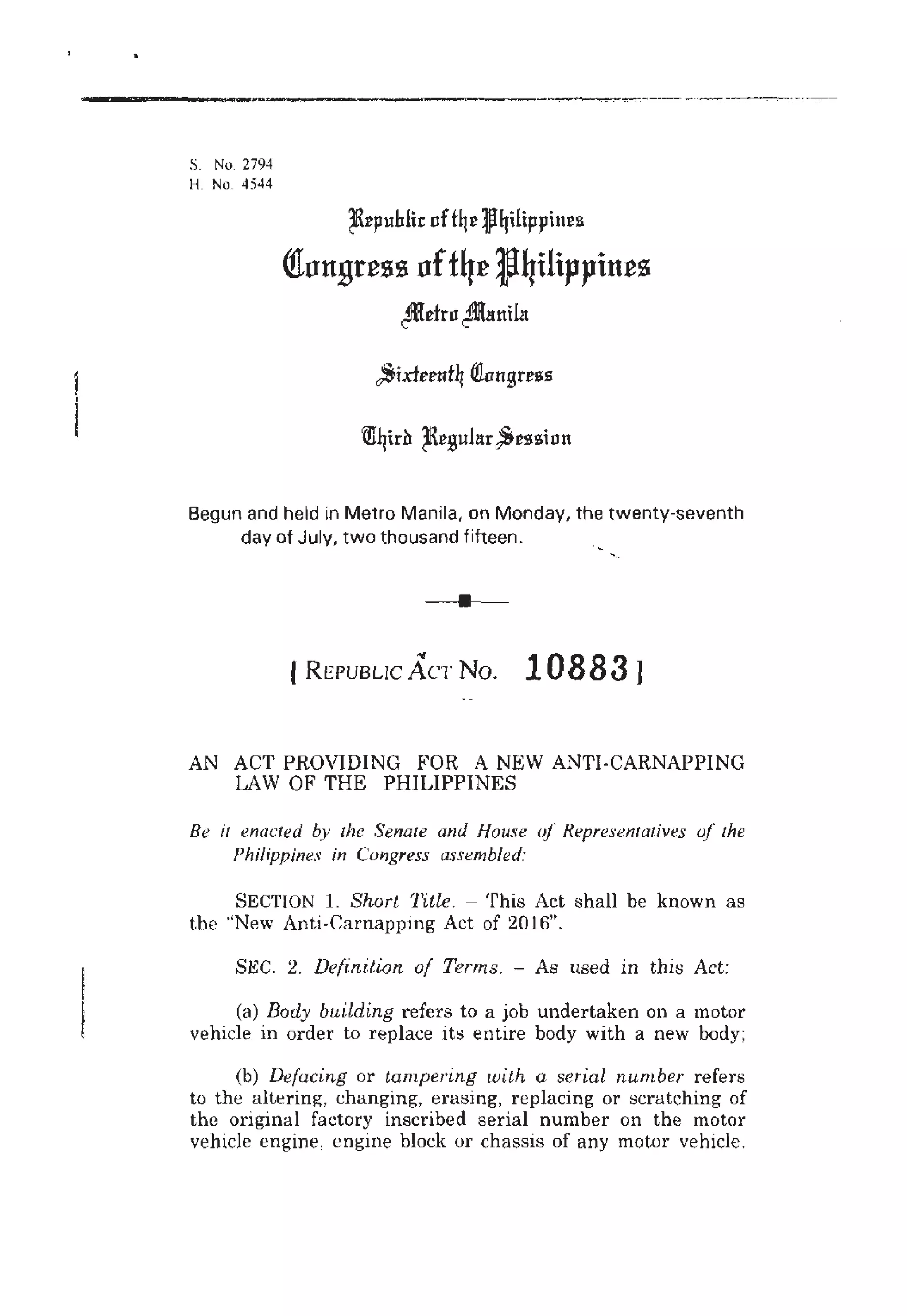 RA 10883 New Anti Carnapping Act 2016 | PDF