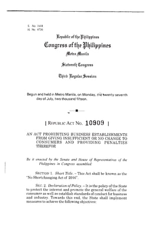 RA 10909 No Shortchanging Act 2016 | PDF