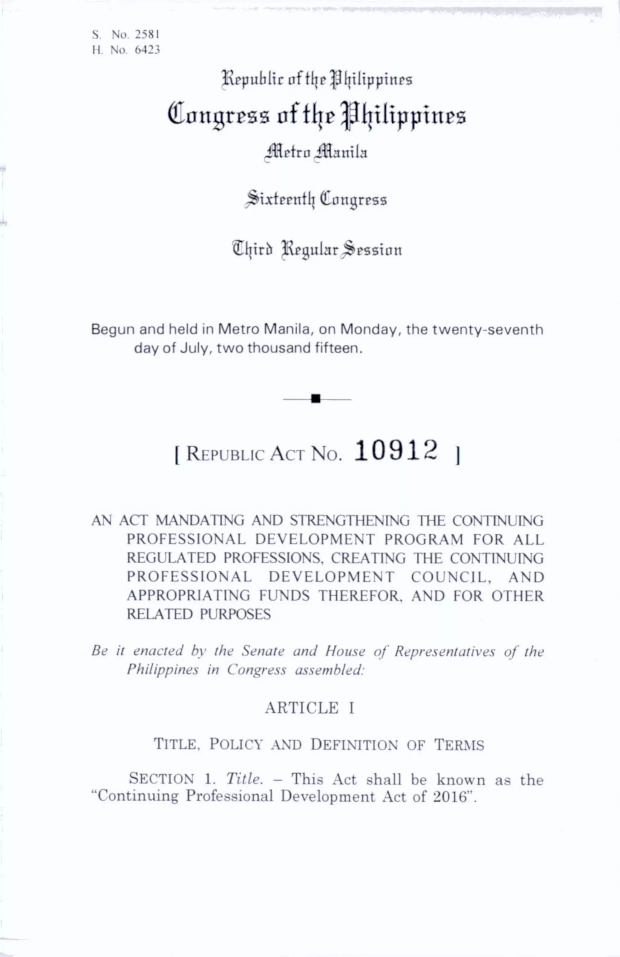 Ra 10912 AN ACT MANDATING AND STRENGTHENING THE CONTINUING PROFESSIONAL ...
