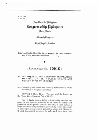 RA10916 - Road Speed Limiter Act 2016 | PDF