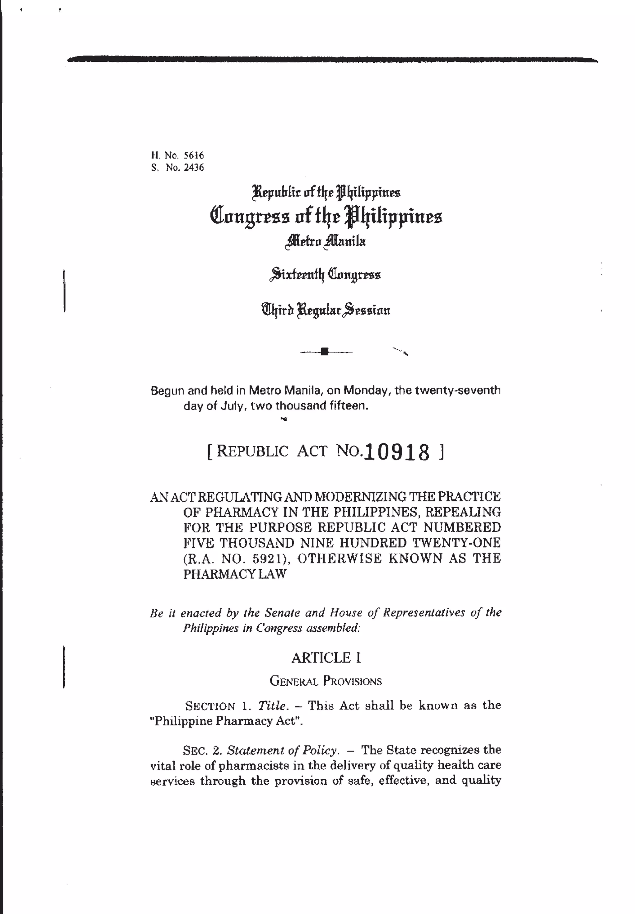 RA 10918 - Philippine Pharmacy Act | PDF