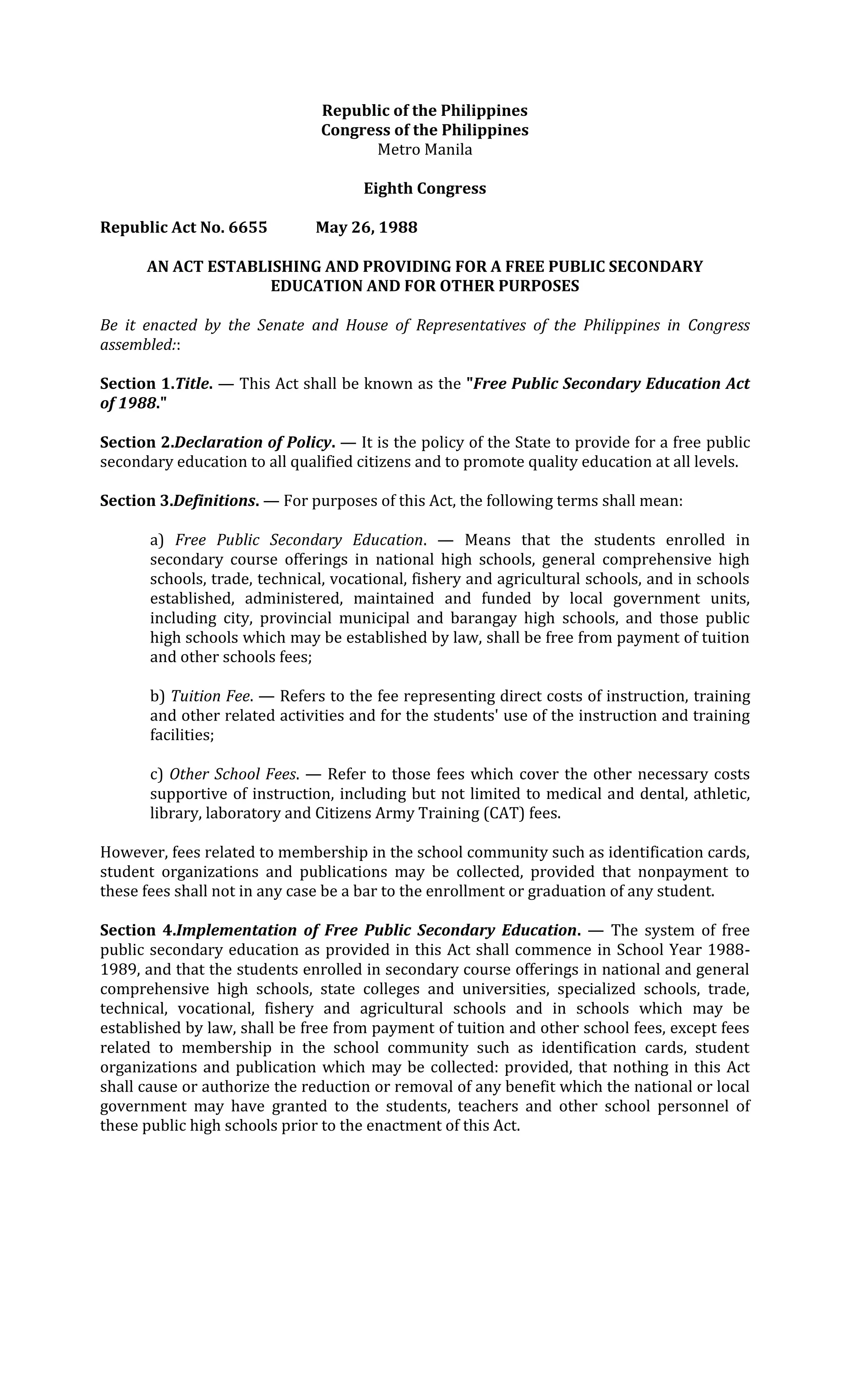 Ra 6655 free public secondary education | DOCX