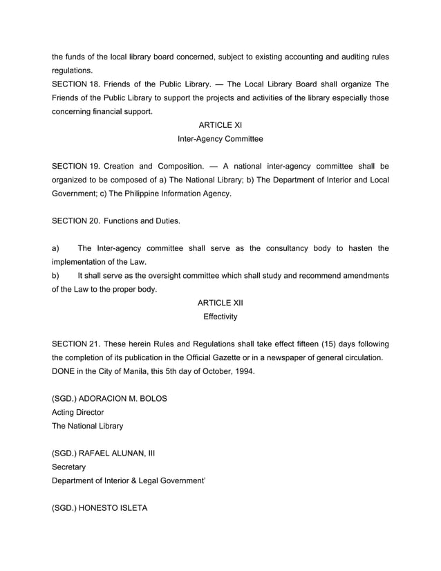 Republic Act No, 7743 and IRR: Philippine Library Law | PDF