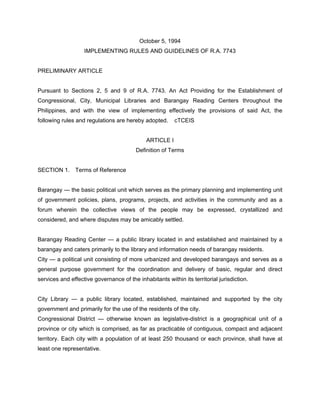 Republic Act No, 7743 and IRR: Philippine Library Law | PDF