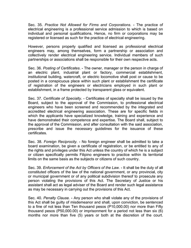 Ra7920 new electrical eng'g law amended | PDF