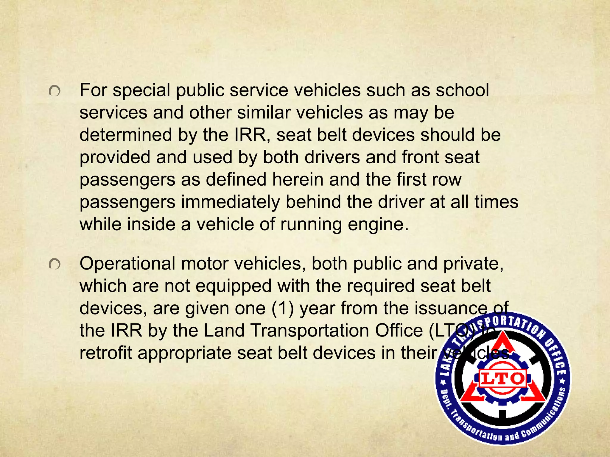 Seat Belt Use Act of 1999 (RA 8750) | PPTX