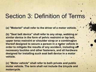 Seat Belt Use Act of 1999 (RA 8750) | PPTX