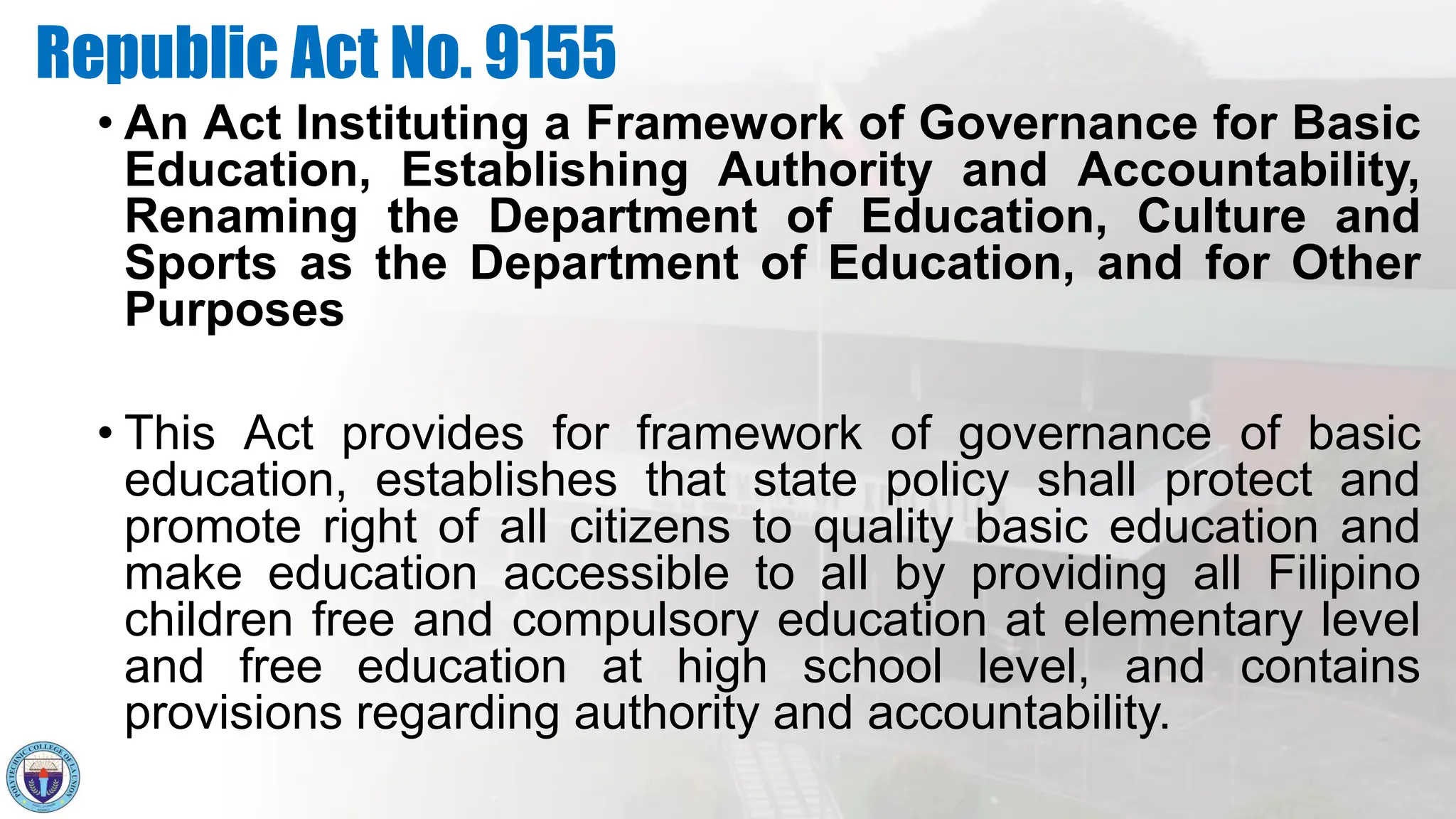 RA 9155 or Governance of Basic Education Act of 2001 | PDF