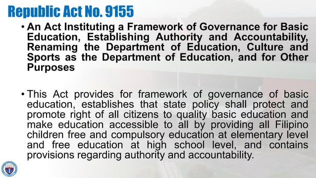 RA 9155 or Governance of Basic Education Act of 2001 | PDF | Primary Education | Education