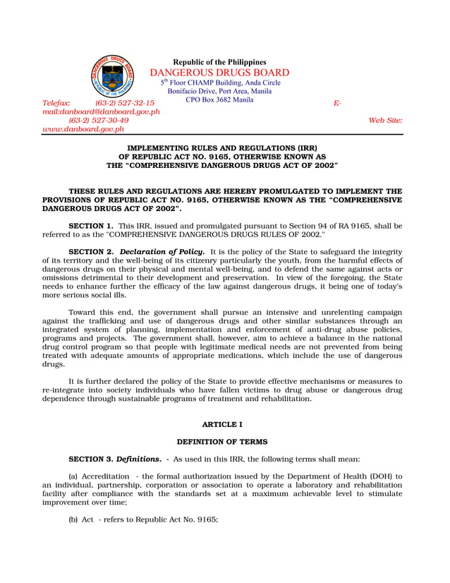 Ra 9165 comprehensive dangerous drugs act | PDF