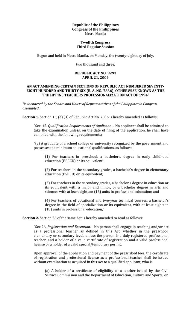 Ra 9293 amending ra 7836 | DOCX | Law