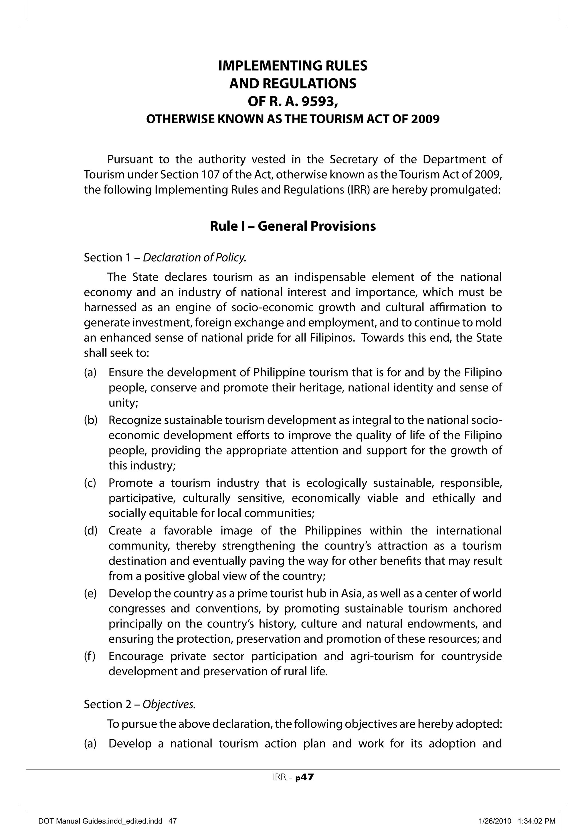 Philippine Tourism Act 2009 (RA 9593) | PDF