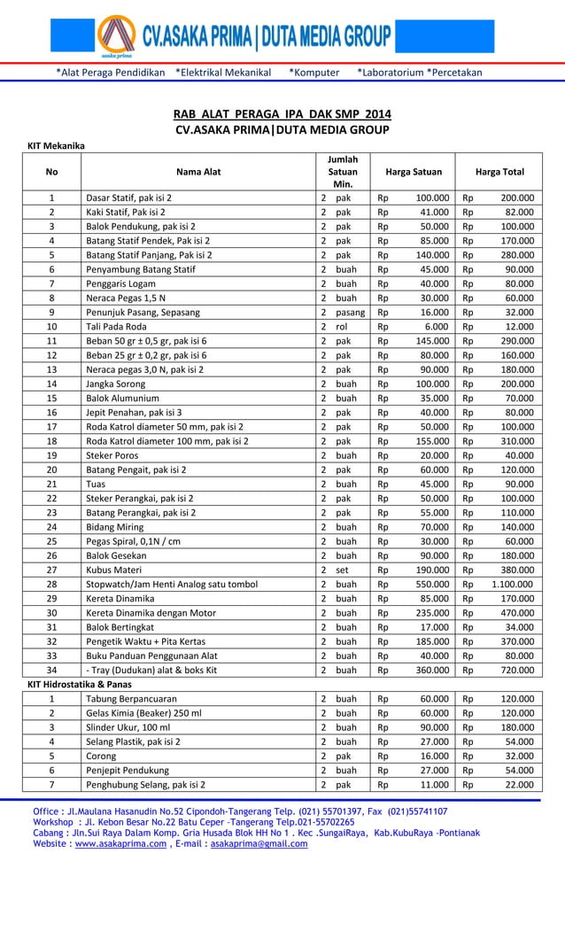 Rab alat lab ipa smp dak 2014, | PDF