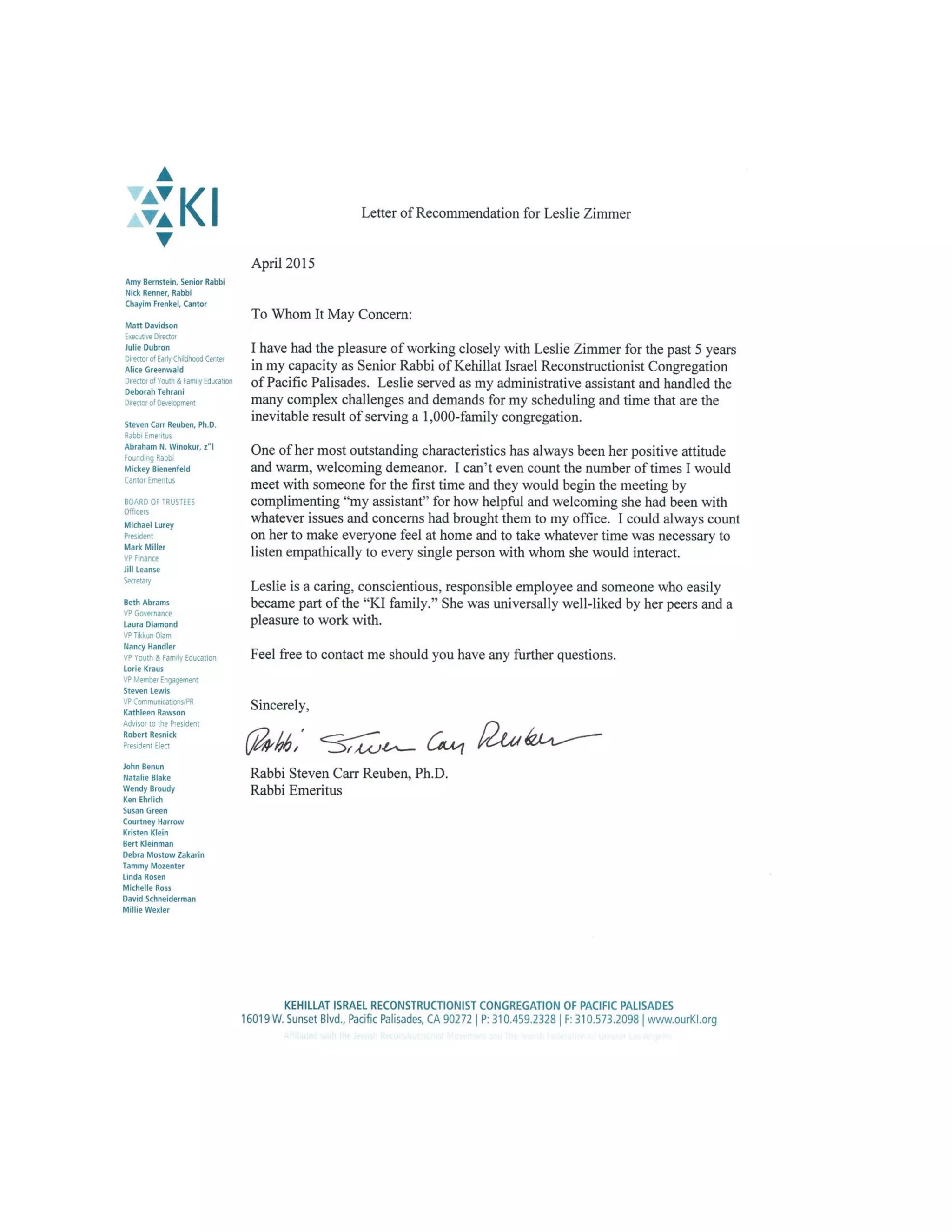 Rabbi Steven Carr Reuben Recommendation Letter | PDF