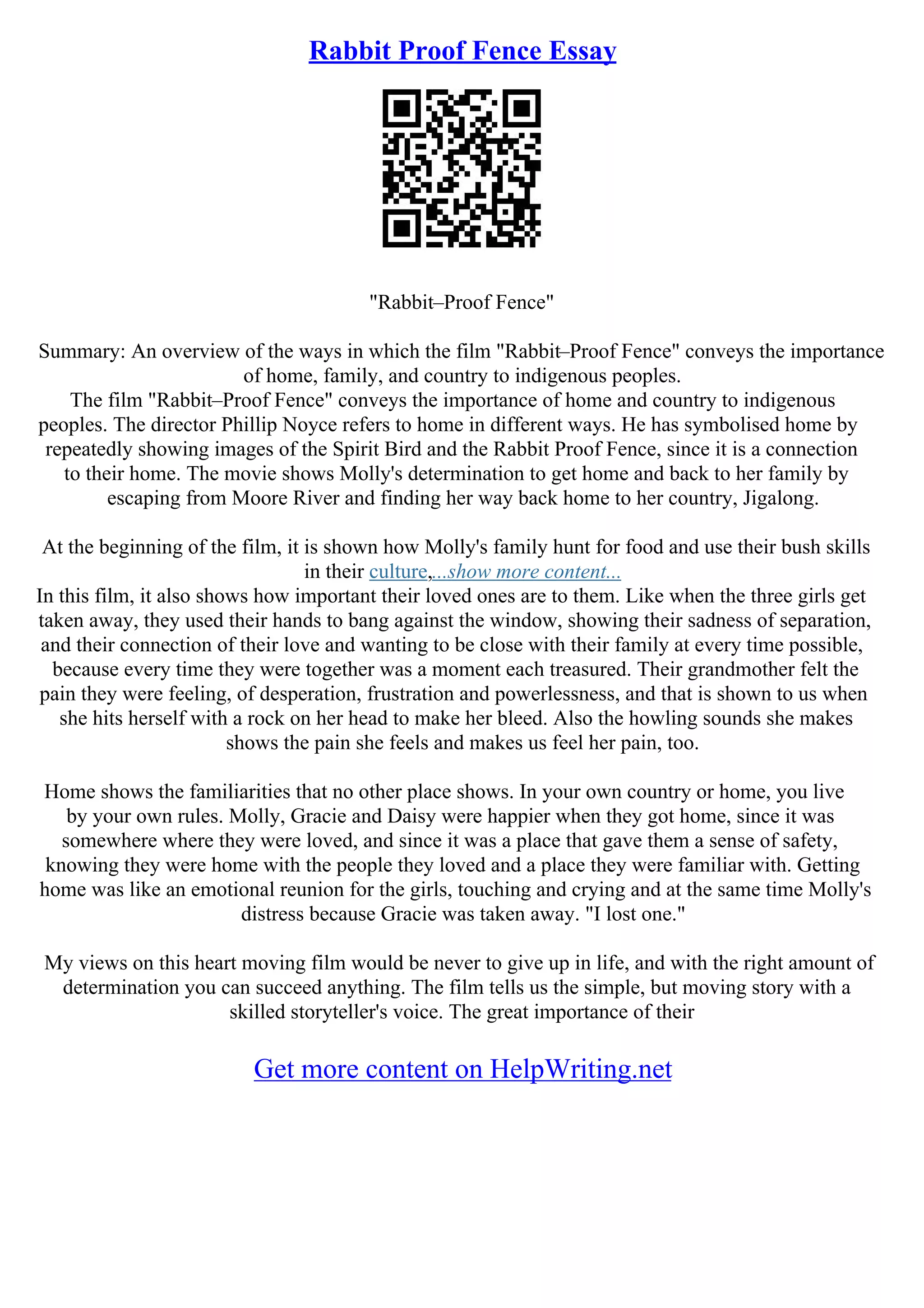 Rabbit Proof Fence Essay | PDF