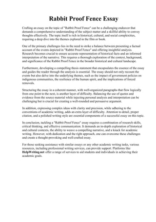 Rabbit Proof Fence Essay. Rabbit Proof Fence Teaching Resources | PDF