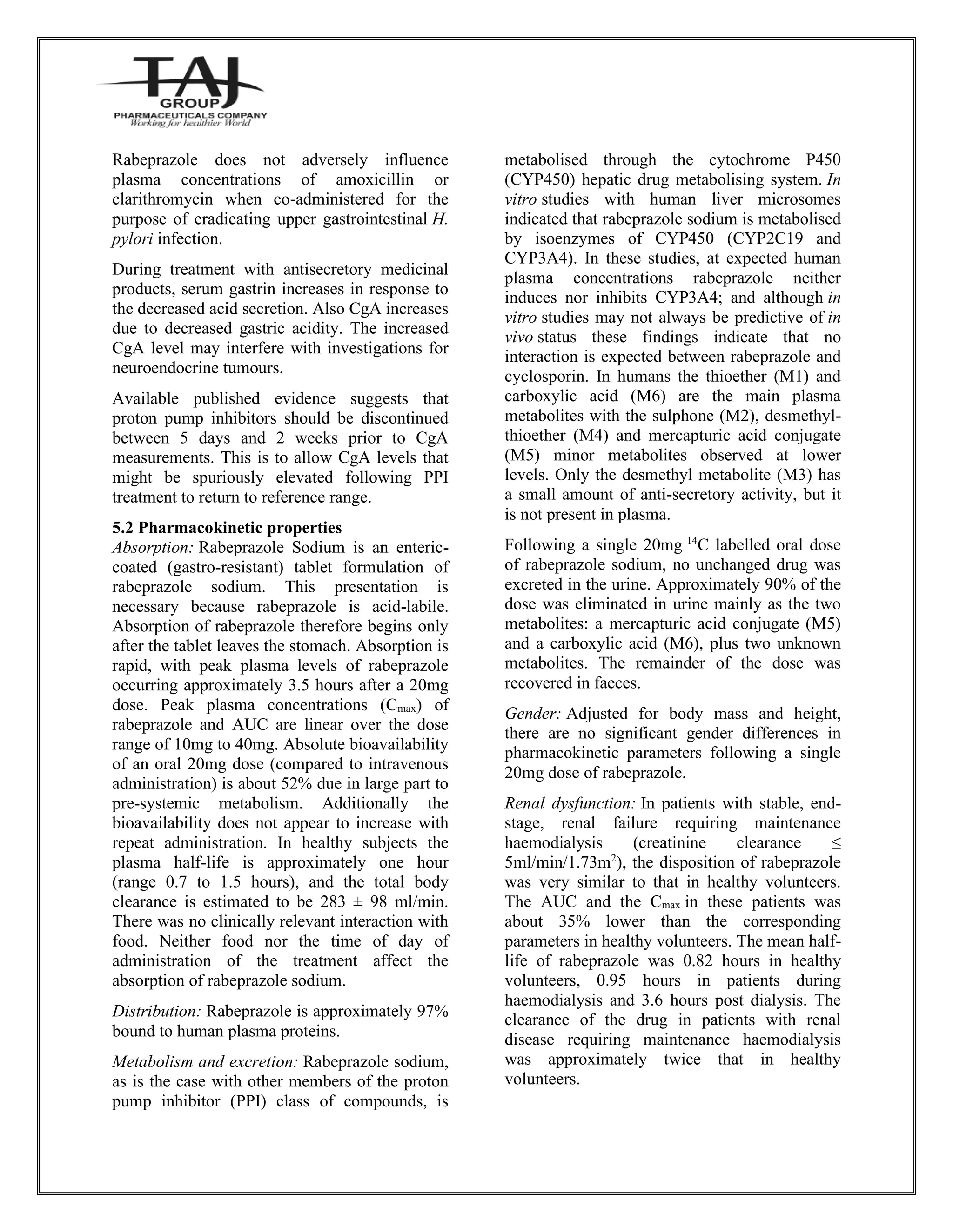 Rabeprazole Sodium 10mg/20mg/40mg Tablets Taj Pharma SmPC | PDF