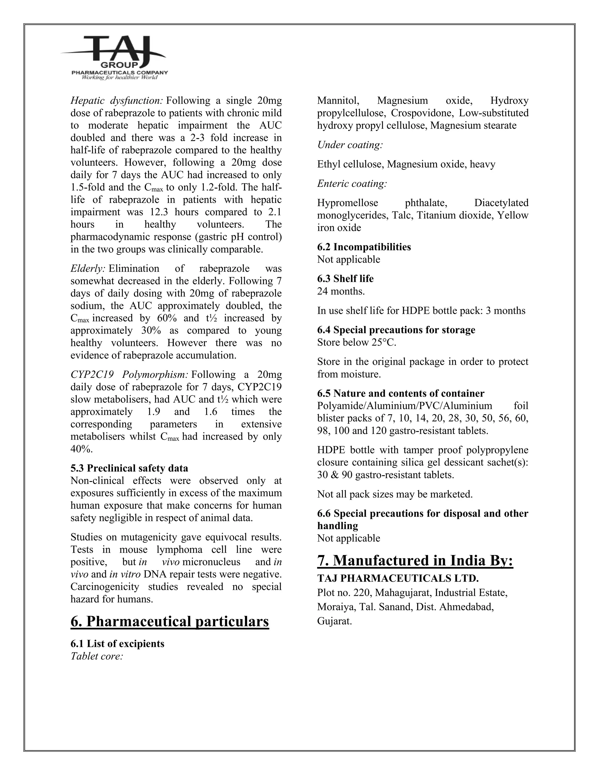 Rabeprazole Sodium 10mg/20mg/40mg Tablets Taj Pharma SmPC | PDF
