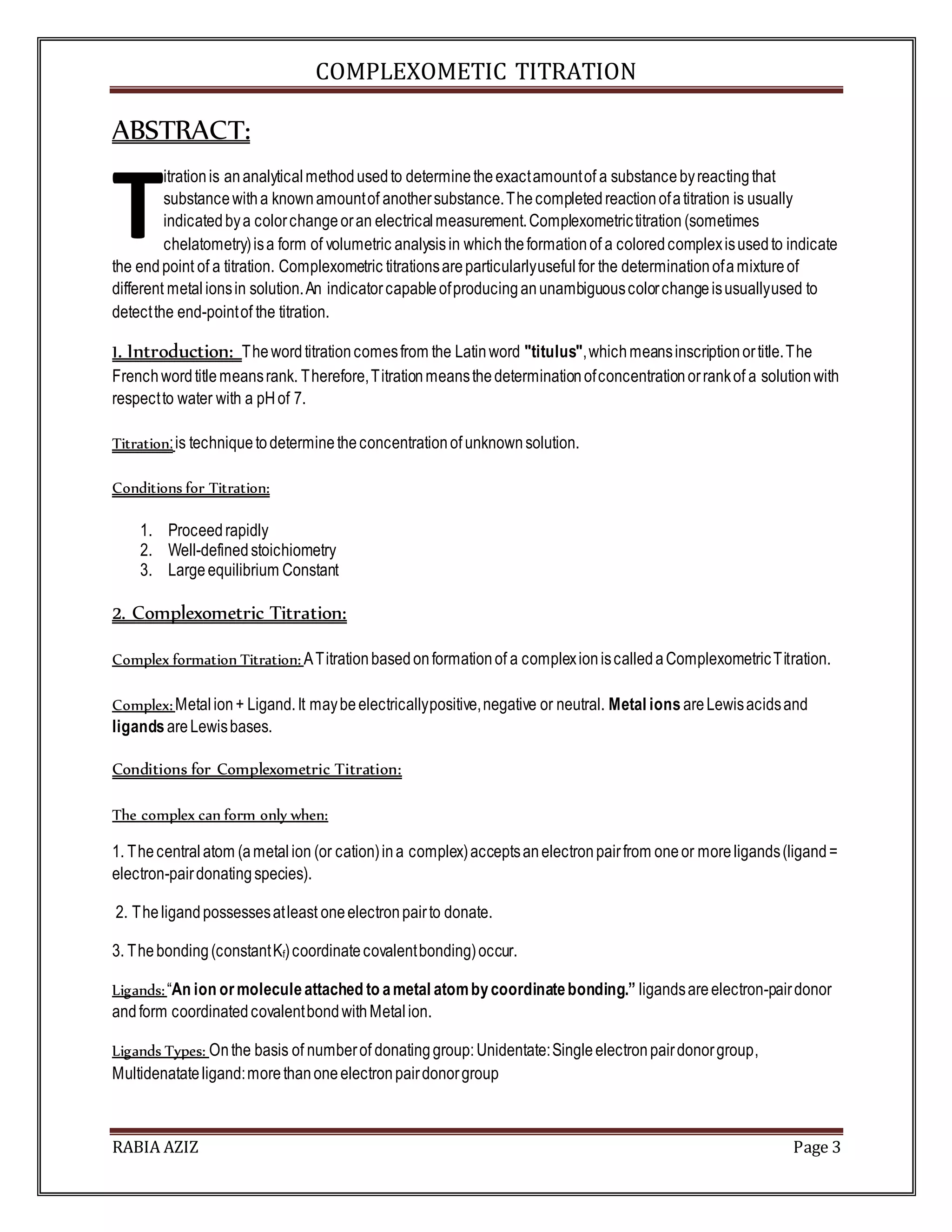 complexometric titration, general chemistry assignment | DOCX