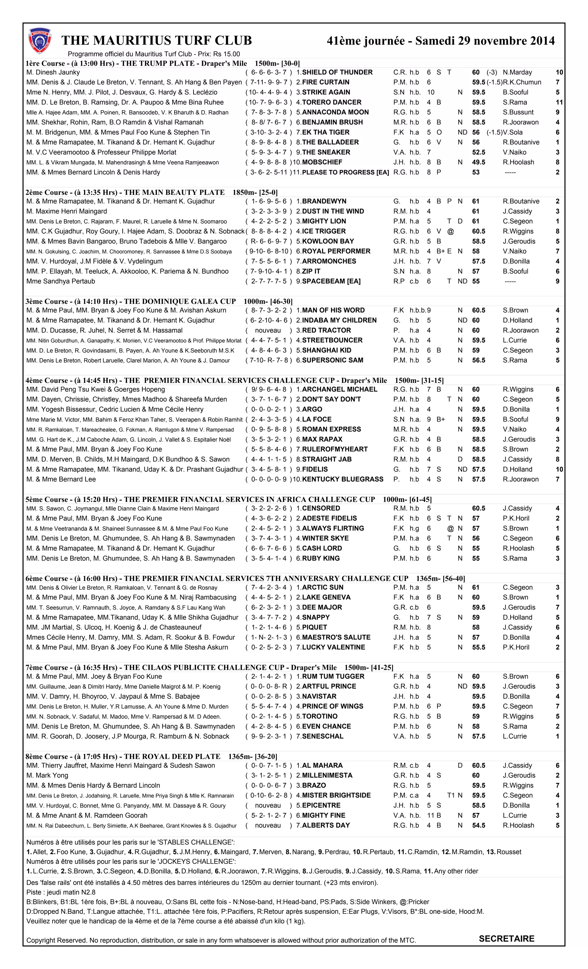 MAURITIUS HORSE RACING PROGRAMME- 41ème journée - Samedi 29 novembre ...