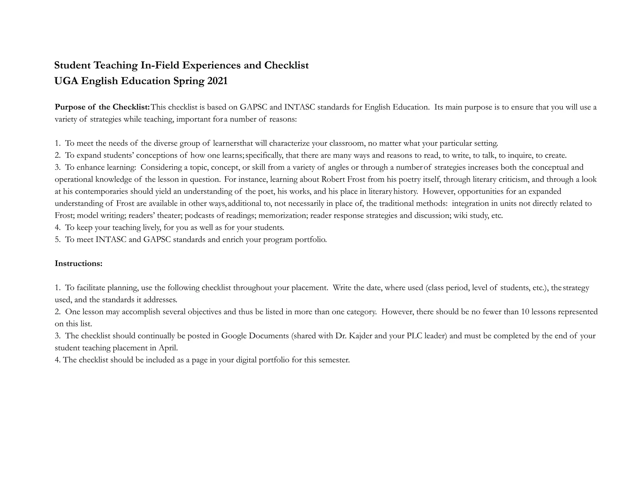 Rachael hall's student teaching instructional checklist | PPT