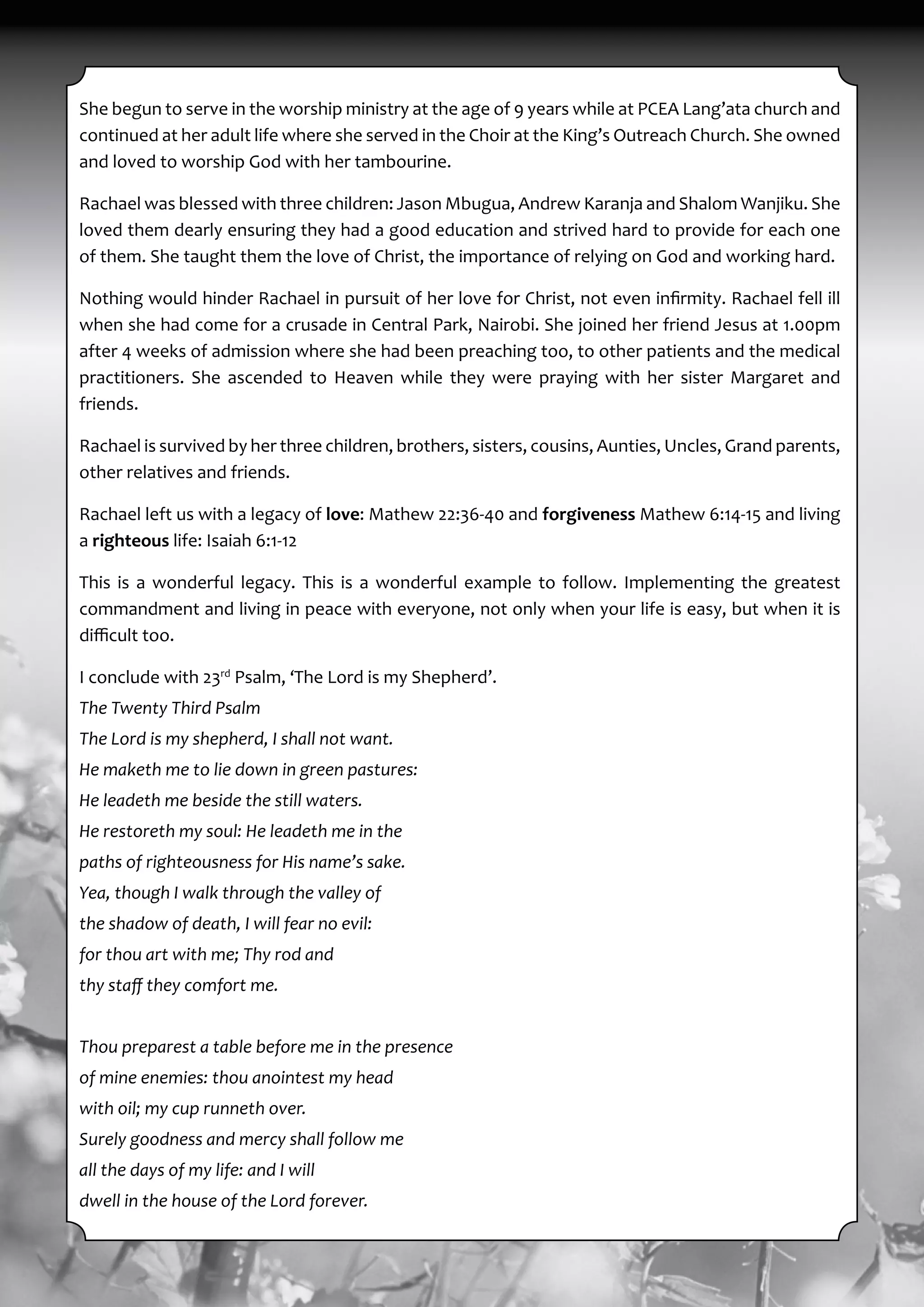 Rachel Muthoni Karanja's Funeral Service | PDF