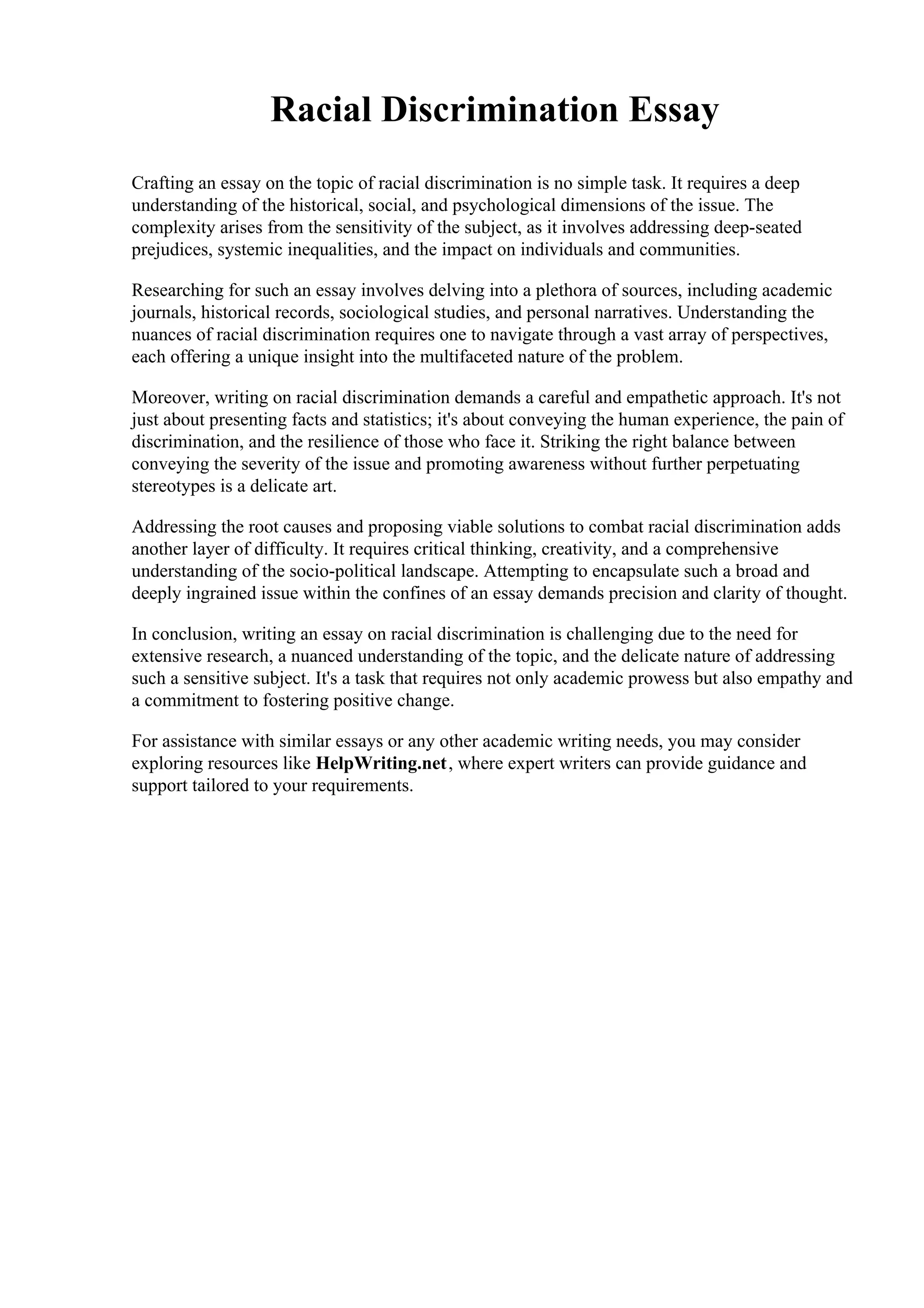 Racial Discrimination Essay. Maria College | PDF