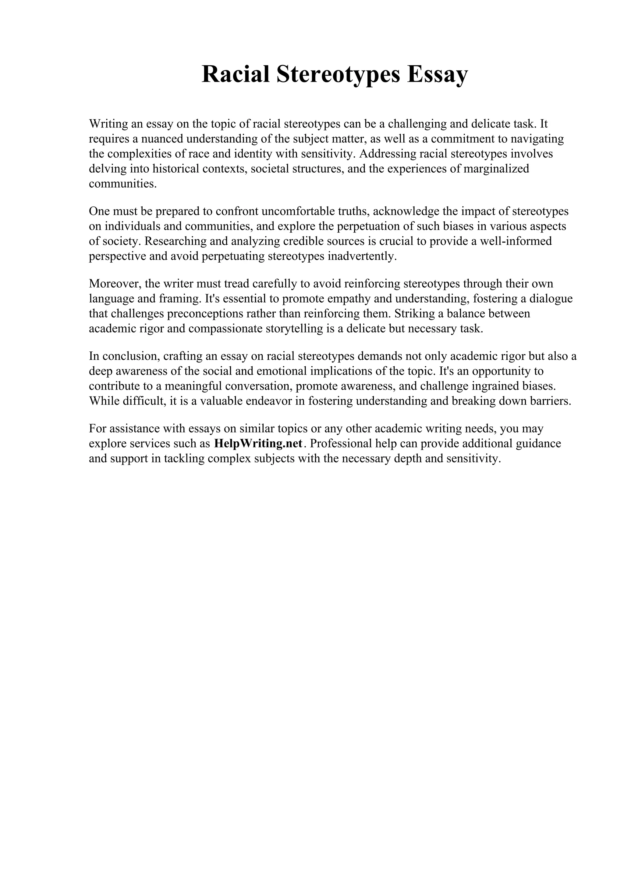 Racial Stereotypes Essay. Coastal Pines Technical College | PDF